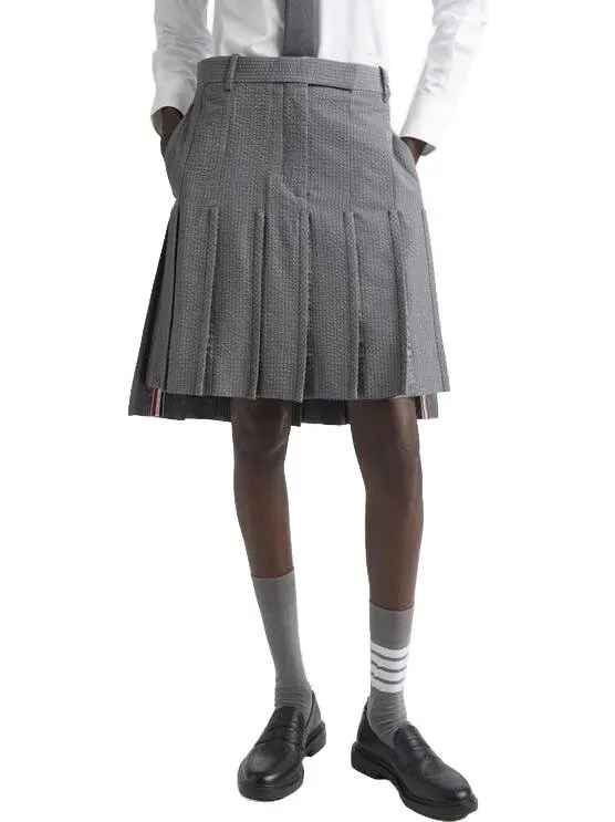 Thom Browne Pleated Low Rise Wool Seersucker Skirt - Light Grey