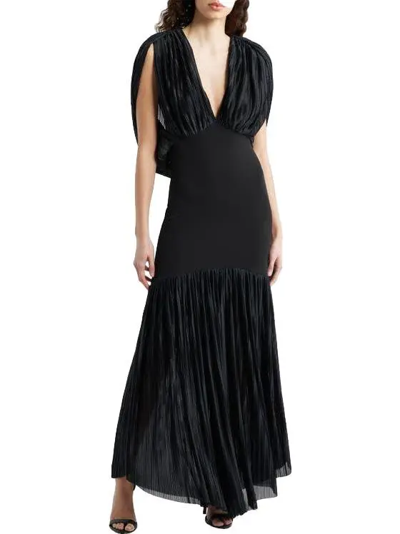 Black Halo Savoy Plunge Neck Drape Back Gown - Black