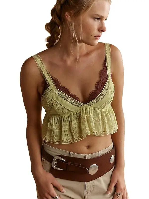 Free People Lace Trimmed Cropped Bralette - Silent Lime