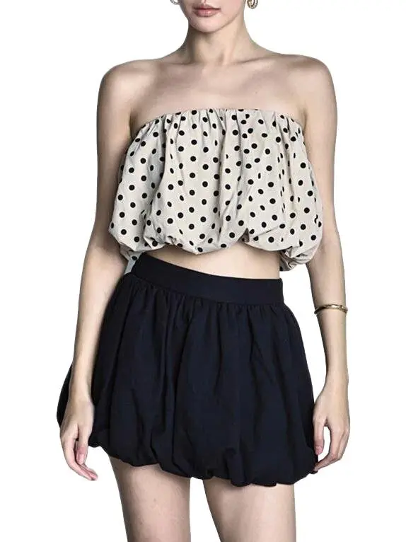 Endless Rose Polka Dot Strapless Bubble Top - Taupe/black