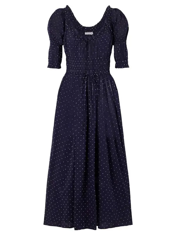 DÔEN Ischia Shirred Polka-dot Midi Dress - Blue