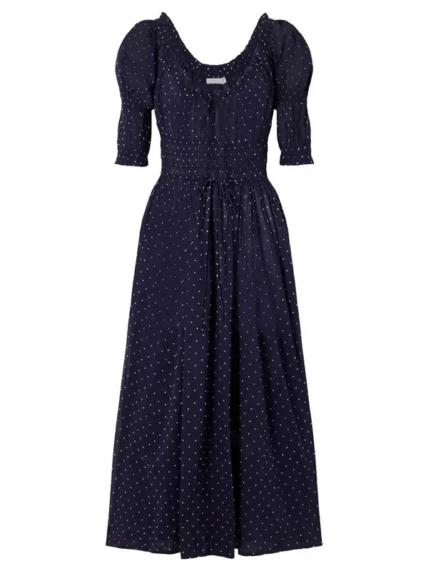 DÔEN Ischia Shirred Polka-dot Midi Dress - Navy