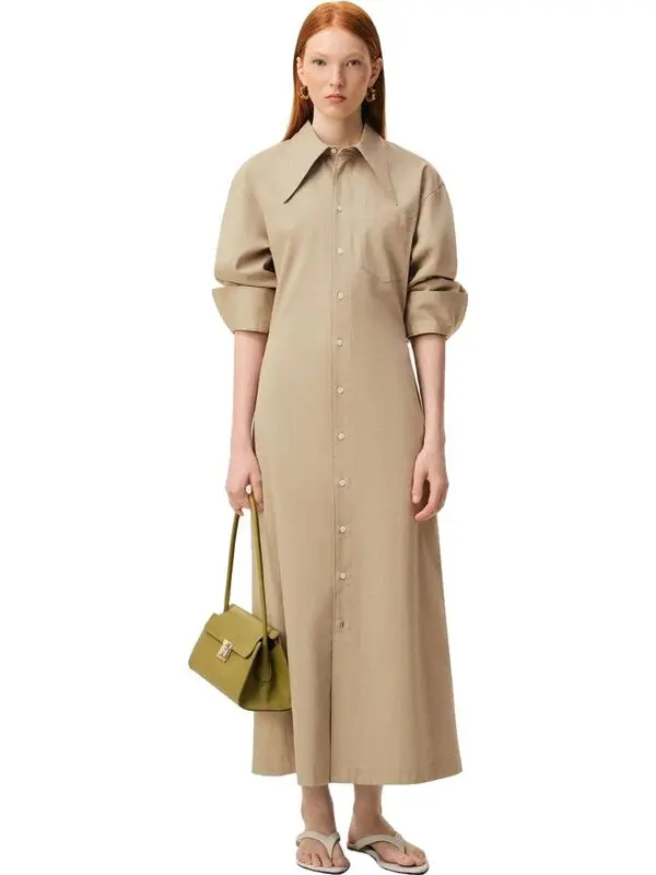 Ami Cotton Fitted Shirt Dress - Beige
