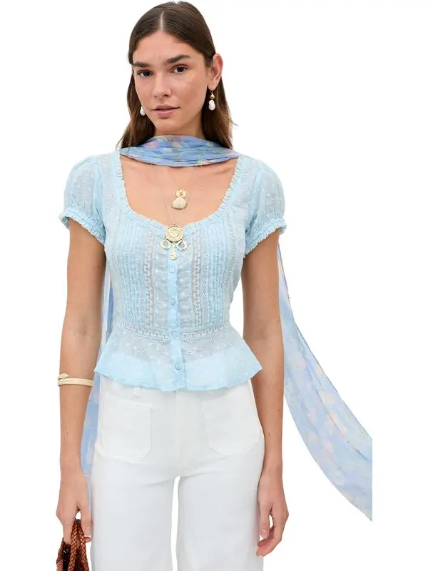 Rixo Sandi Broderie Anglaise Cotton Top - Blue