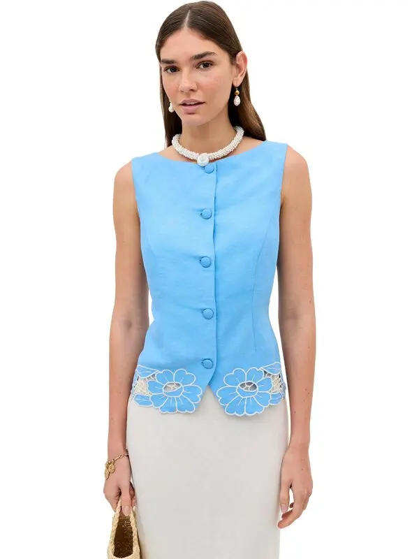 Rixo Lucca Daisy Cutwork Embroidered Top - Blue
