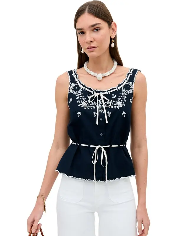 Rixo Cassara Cutwork Embroidered Top - Navy