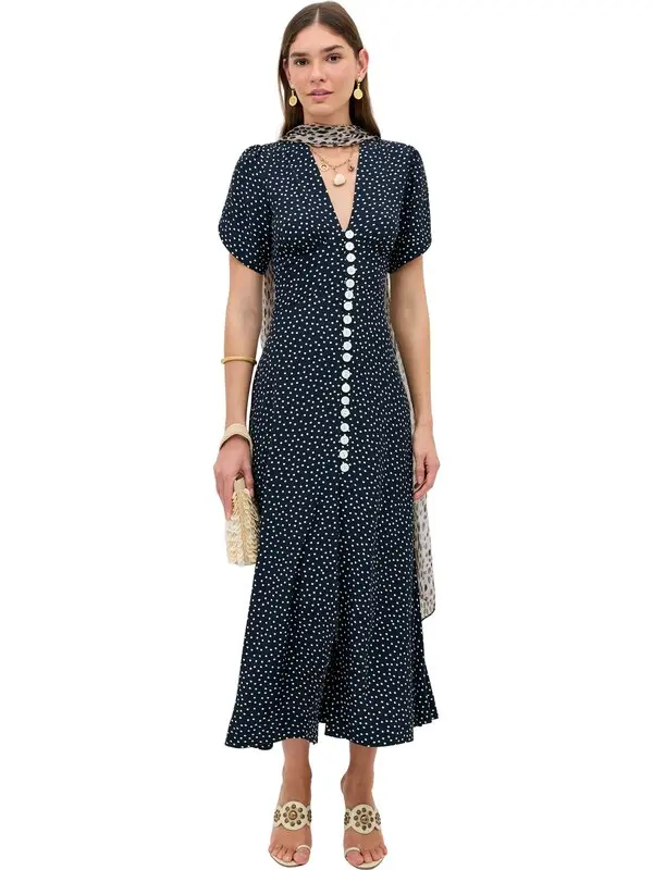 Rixo Novara Painted Spot Midi Dress - Navy