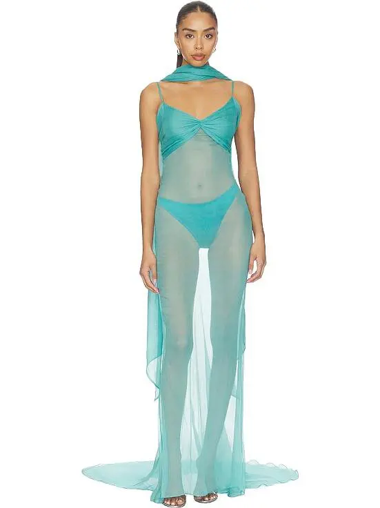 LAQUAN SMITH Gown With Neck Tie Detail - Teal