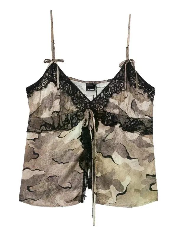 Pinko Camouflage-print Lace-trim Top - Neutrals