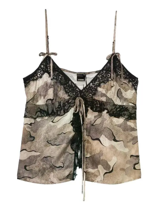 Pinko Camouflage-print Lace-trim Top - Neutrals