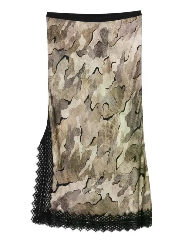 Pinko Camouflage-print Lace-trim Midi Skirt - Neutrals