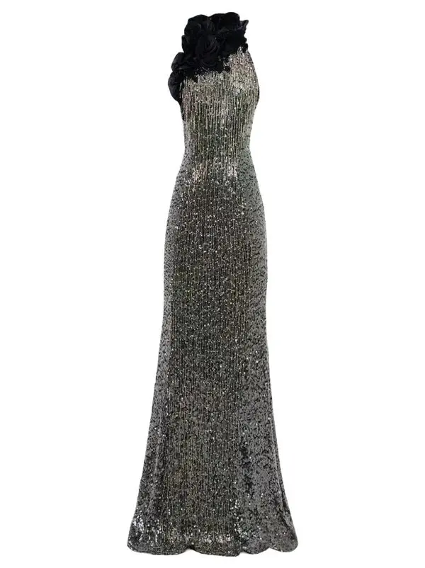 GEMY MAALOUF Floral-detail Open-back Maxi Dress - Silver