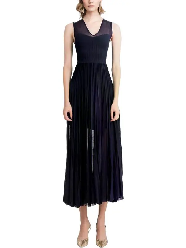 GEMY MAALOUF Pleated V-neck Midi Dress - Blue