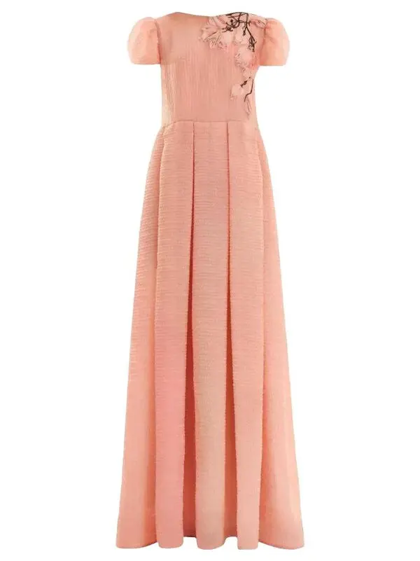 GEMY MAALOUF Floral-appliqué Pleated Maxi Dress - Orange