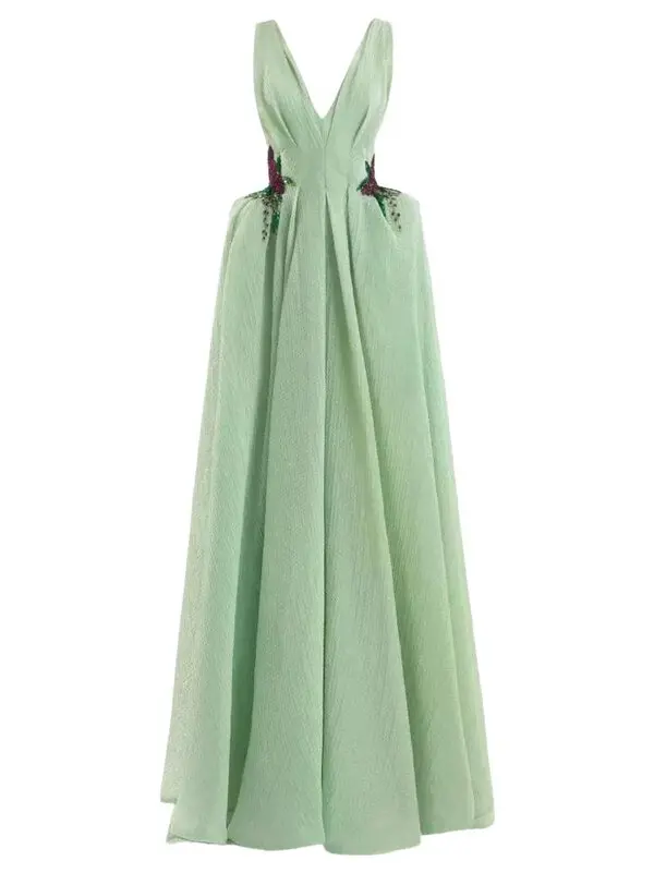 GEMY MAALOUF Plunging V-neck Embroidered Maxi Dress - Green