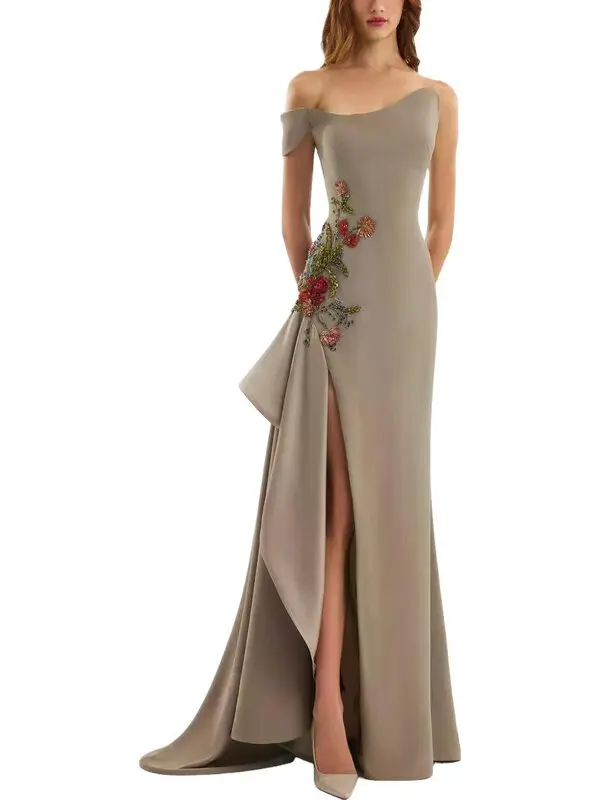 GEMY MAALOUF Off-shoulder Embroidered Maxi Dress - Neutrals