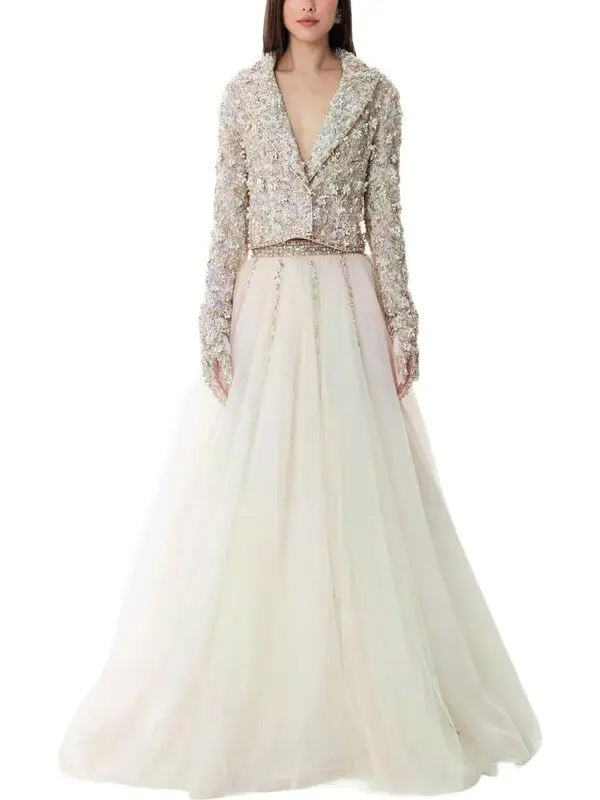 DINA MELWANI Embroidered Tulle Maxi Dress - Neutrals