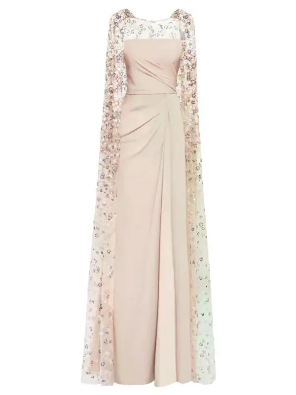 GEMY MAALOUF Strapless Maxi Gown With Cape - Neutrals
