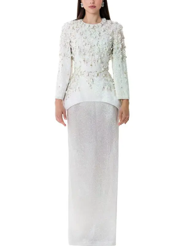 DINA MELWANI Crystal Pearl Embellished Maxi Dress - White