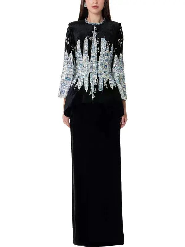 DINA MELWANI Crystal Embroidered Velvet Maxi Dress - Black