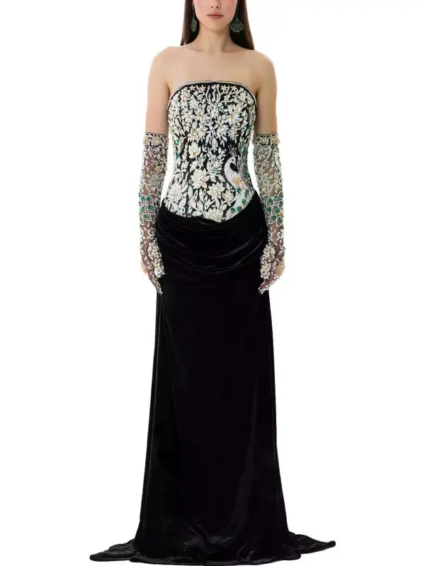 DINA MELWANI Crystal Embroidered Velvet Gown - Black