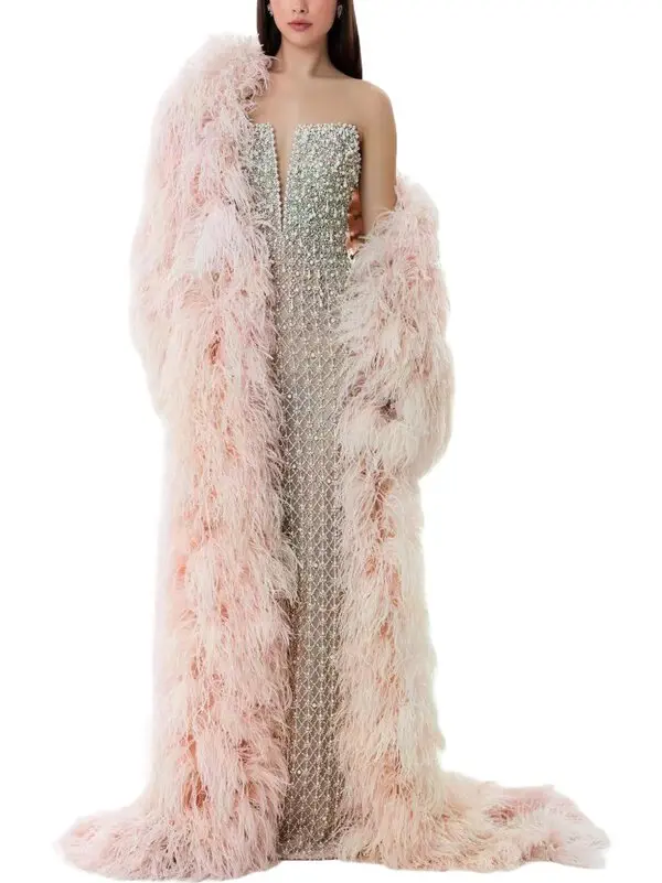 DINA MELWANI Crystal Hand-embroidered Feather Cape - Pink