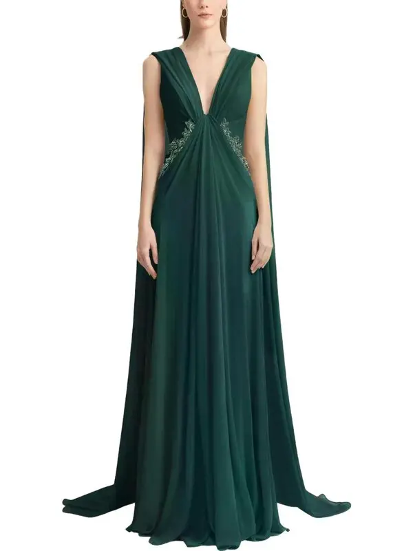 GEMY MAALOUF Draped V-neck Beaded Maxi Dress - Green