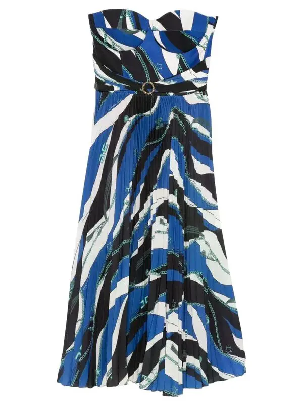 Elisabetta Franchi Chain-print Pleated Dress - Blue