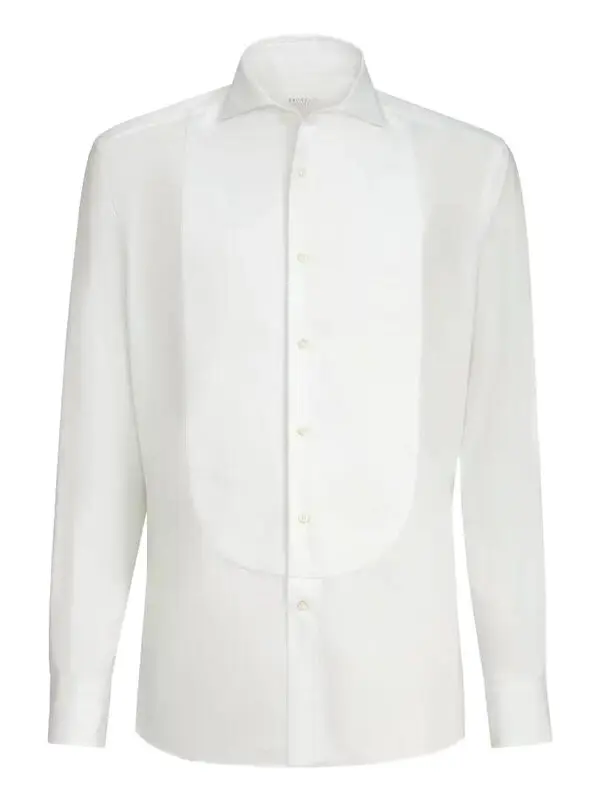 Brunello Cucinelli Sea Island Cotton Twill Basic Fit Shirt With Point Collar And Pleated Bib And Cuffs - White