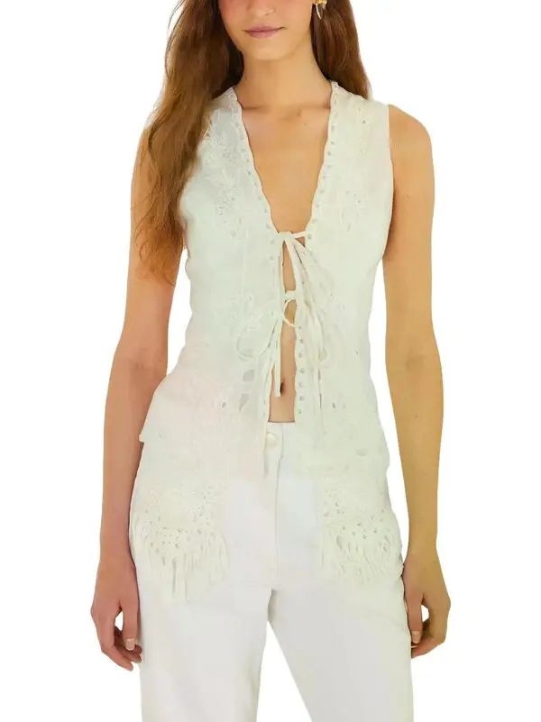 Farm Rio Floral Embroidered Fringe Top - White