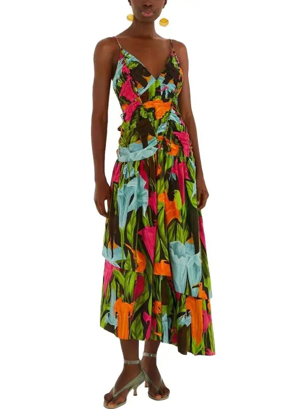 Farm Rio Floral Print Ruched Dress - Black