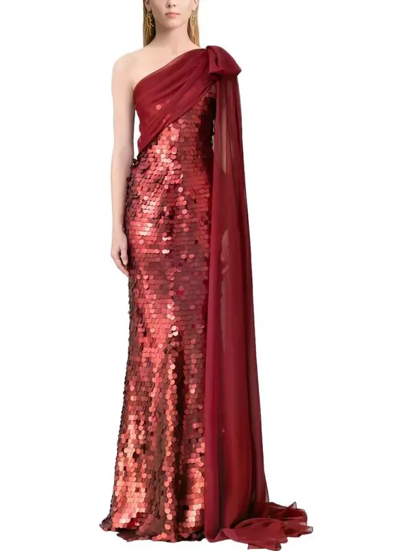 GEMY MAALOUF Sequin Embellished Cape-sleeve Maxi Dress - Red