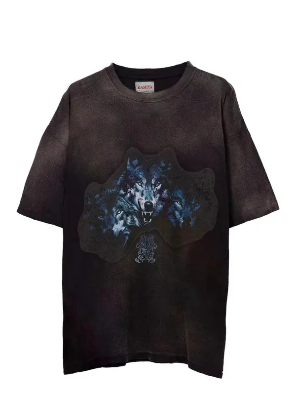 KAMIYA Wolf-print Distressed T-shirt - Black