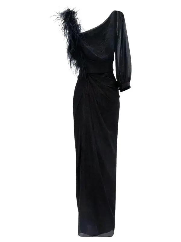 GEMY MAALOUF Asymmetrical Feather Maxi Dress - Black
