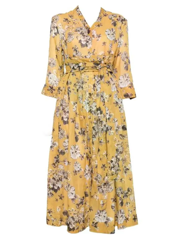 Max Mara Floral-print Tie-waist Midi Dress - Yellow