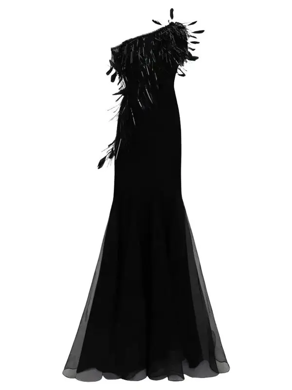 GEMY MAALOUF Asymmetrical Feather Neckline Dress - Black