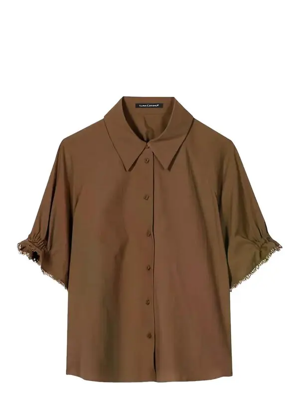 LUISA CERANO Frayed-edge Gathered-sleeve Blouse - Brown