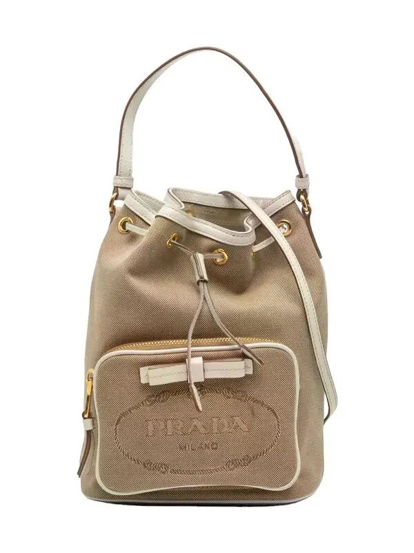 Prada Canvas Canapa Logo Bow Drawstring Bucket Bag Satchel - Brown