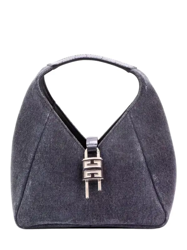 Givenchy Padlock Washed Denim And Crocodile Embossed Leather Mini Hobo Bag - Grey