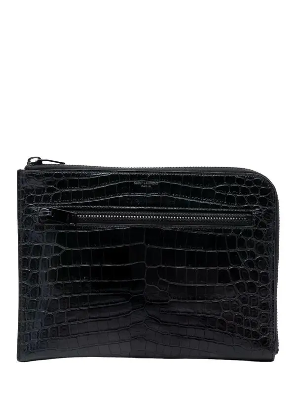 Saint Laurent Croc Embossed Leather Clutch Bag - Black