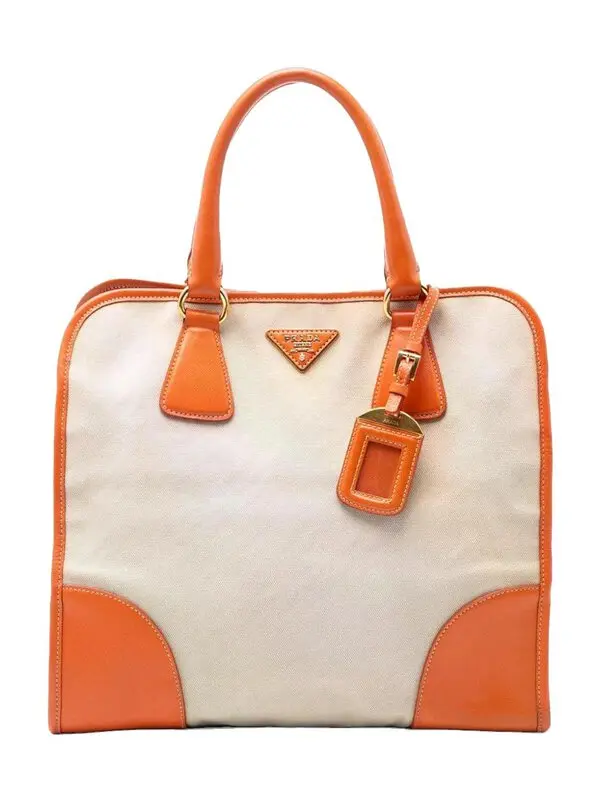 Prada Saffiano Trimmed Canapa Satchel - Orange
