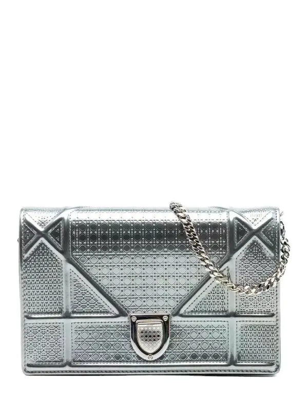 Dior Metallic Patent Microcannage Diorama Wallet On Chain - Silver