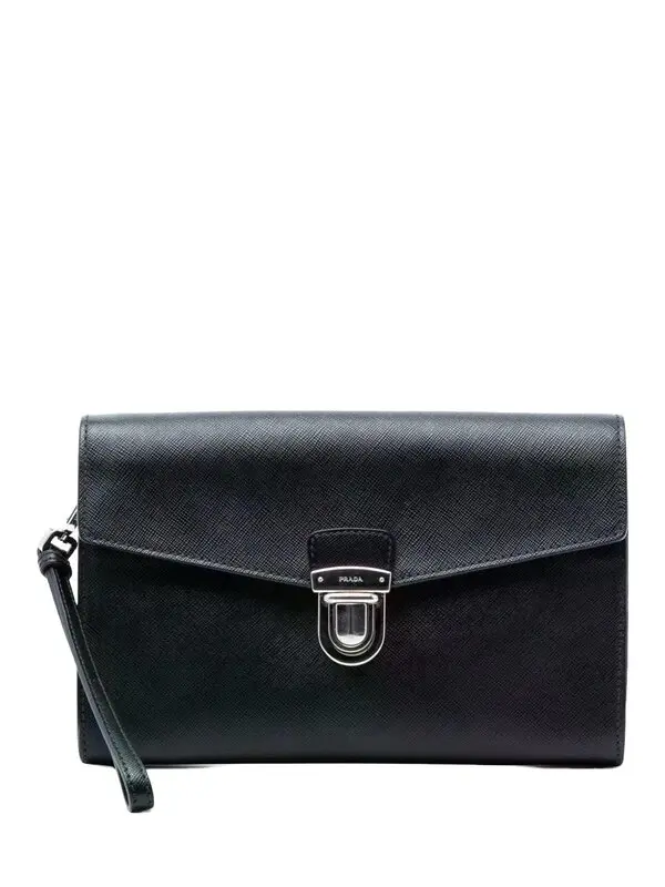 Prada Saffiano Envelope Push Lock Clutch Bag - Black