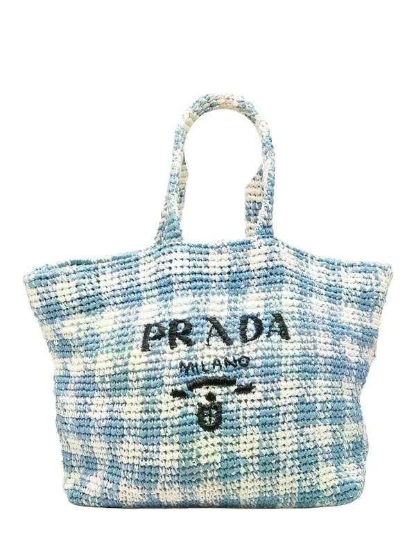 Prada Large Raffia Effect Crochet Embroidered Logo Tote Bag - Blue