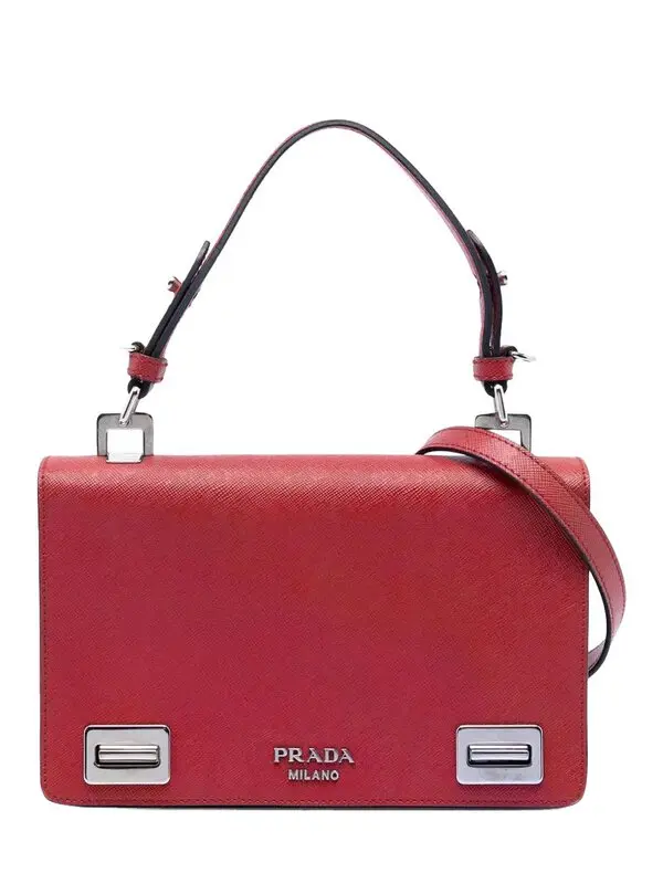 Prada Saffiano Double Turn Lock Top Handle Satchel - Red