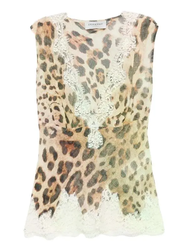 ERMANNO FIRENZE Leopard-print Lace-trim Top - Neutrals