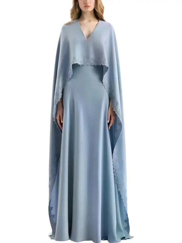 GEMY MAALOUF Embroidered Cape V-neck Maxi Dress - Blue