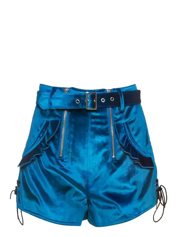 SELF-PORTRAIT Belted Ruffled Shorts - Blue