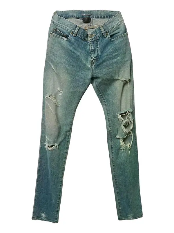 Saint Laurent 2024 Ripped Leather Patch Jeans - Blue