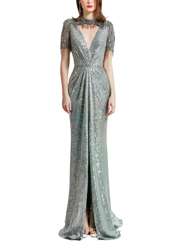 GEMY MAALOUF Embroidered Sequins Maxi Dress - Silver